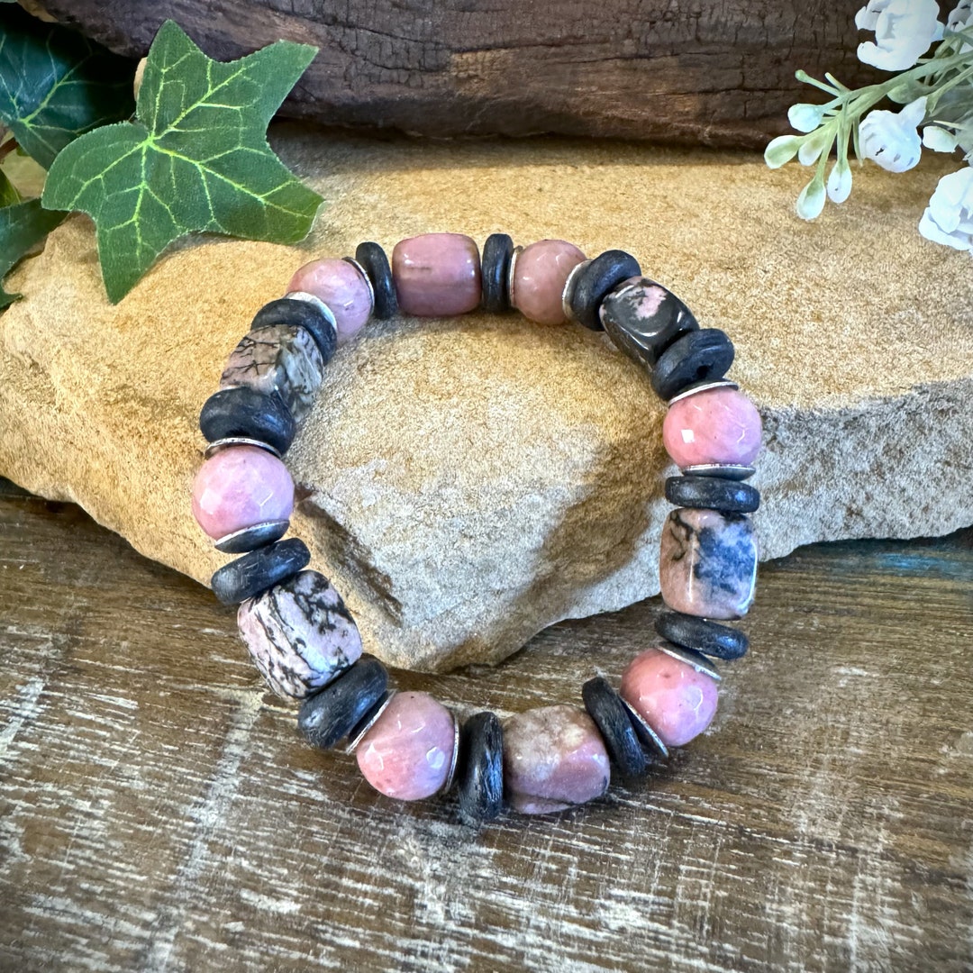 Faceted Rhodonite & Coconut Stretch Bracelet: Pink Black Healing ...