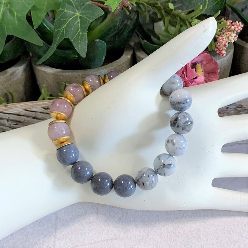 Blue-gray Opal and Madagascar Rose Quartz With Brass Bead Caps Beaded ...