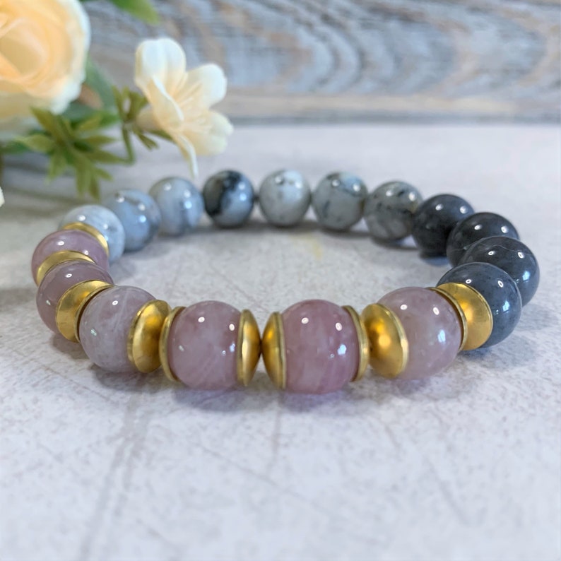 Blue-gray Opal and Madagascar Rose Quartz With Brass Bead Caps Beaded ...