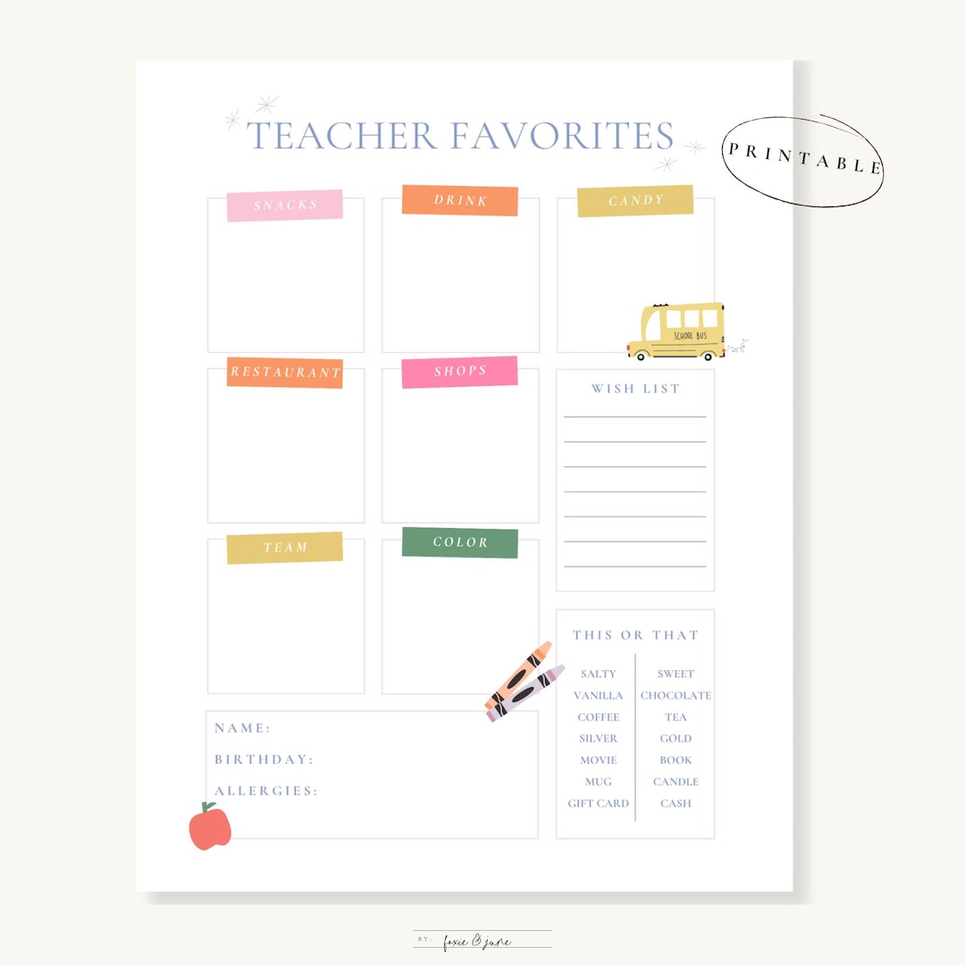 Teacher Favorite Things List Printable: End of Year Teacher ...