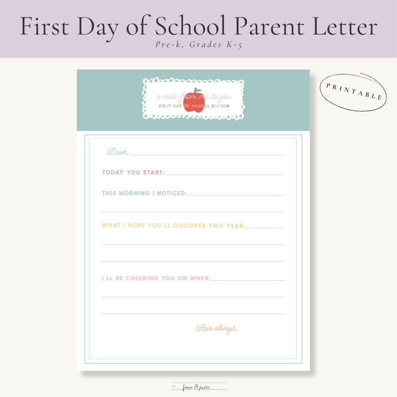First Day of School Letter: Rainbow Apple Printable Keepsake (PDF ...