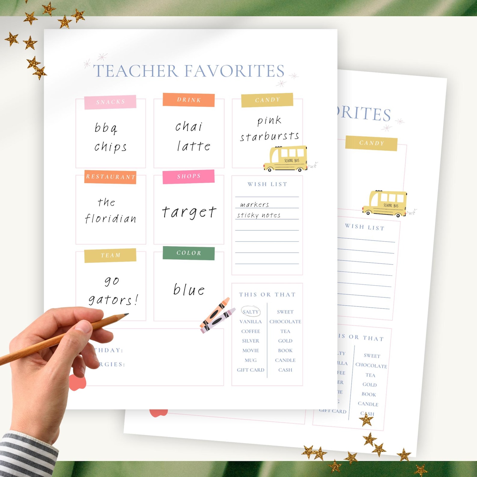 Teacher Favorite Things List Printable: End of Year Teacher ...
