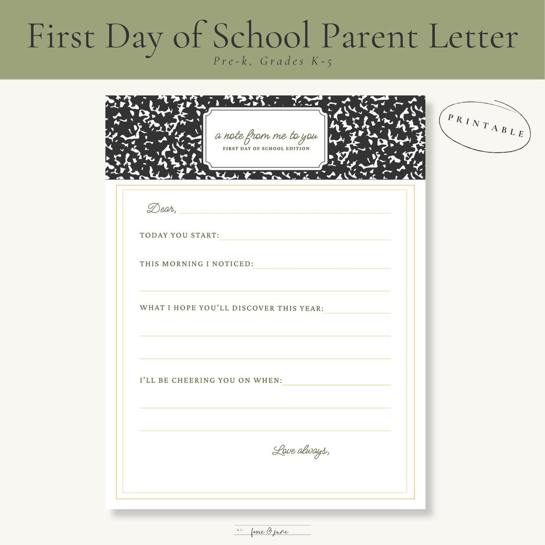 First Day of School Letter: Printable Keepsake Note for Kids (PDF ...