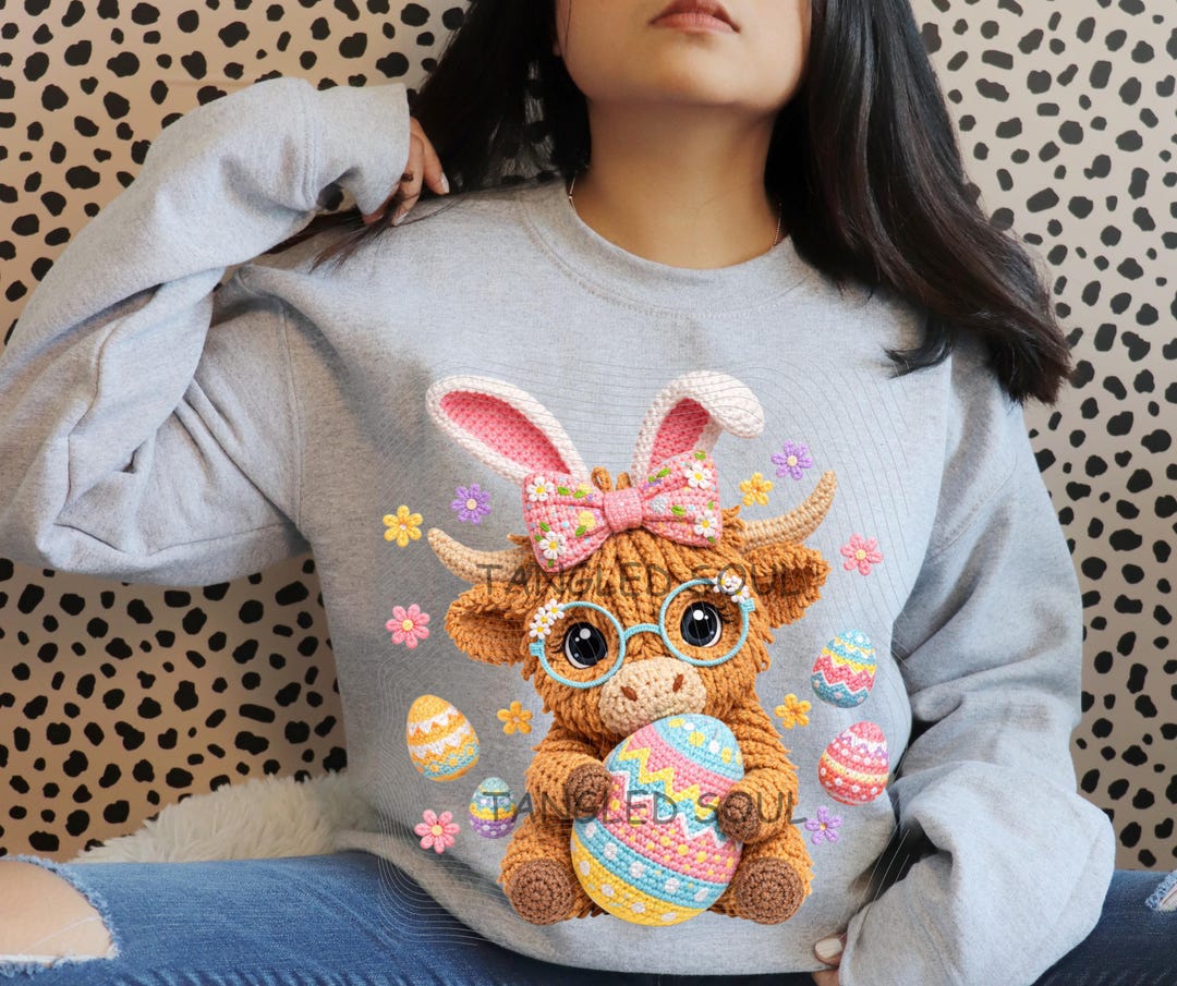 Highland Cow Wearing Bunny Ears PNG Easter, Easter Eggs Faux Yarn - Etsy