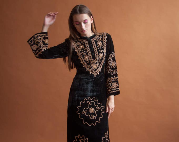 70s Black Velvet Turkish Hippie Dress / Embroidered Maxi Dress - Etsy