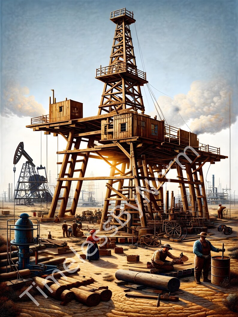 Vintage Wooden Derrick Oil Rig Artwork - Industrial Decor, Historical ...