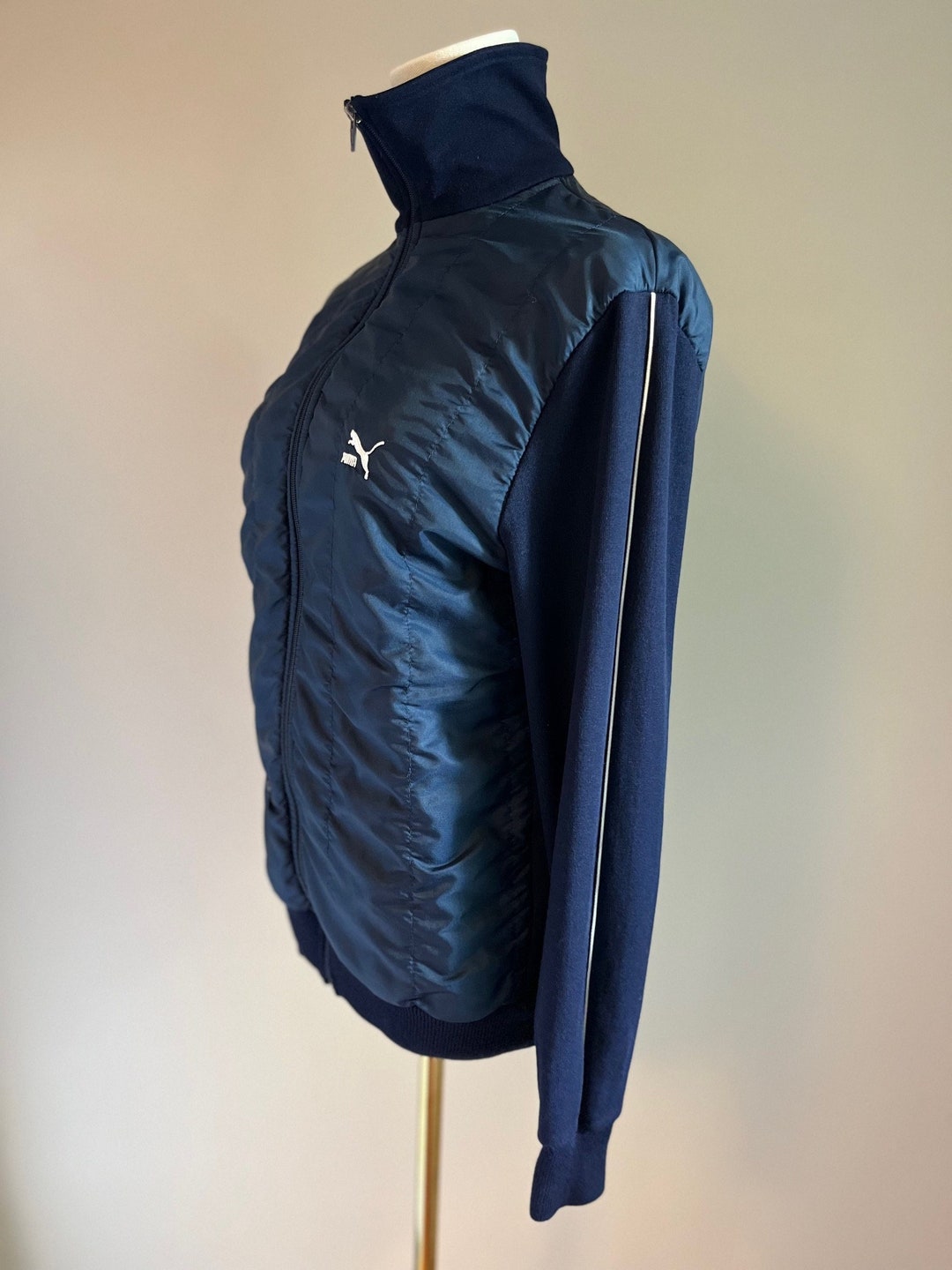 70s Vintage Navy Blue Puma Zip-up Funnel Collar Track Jacket With White ...
