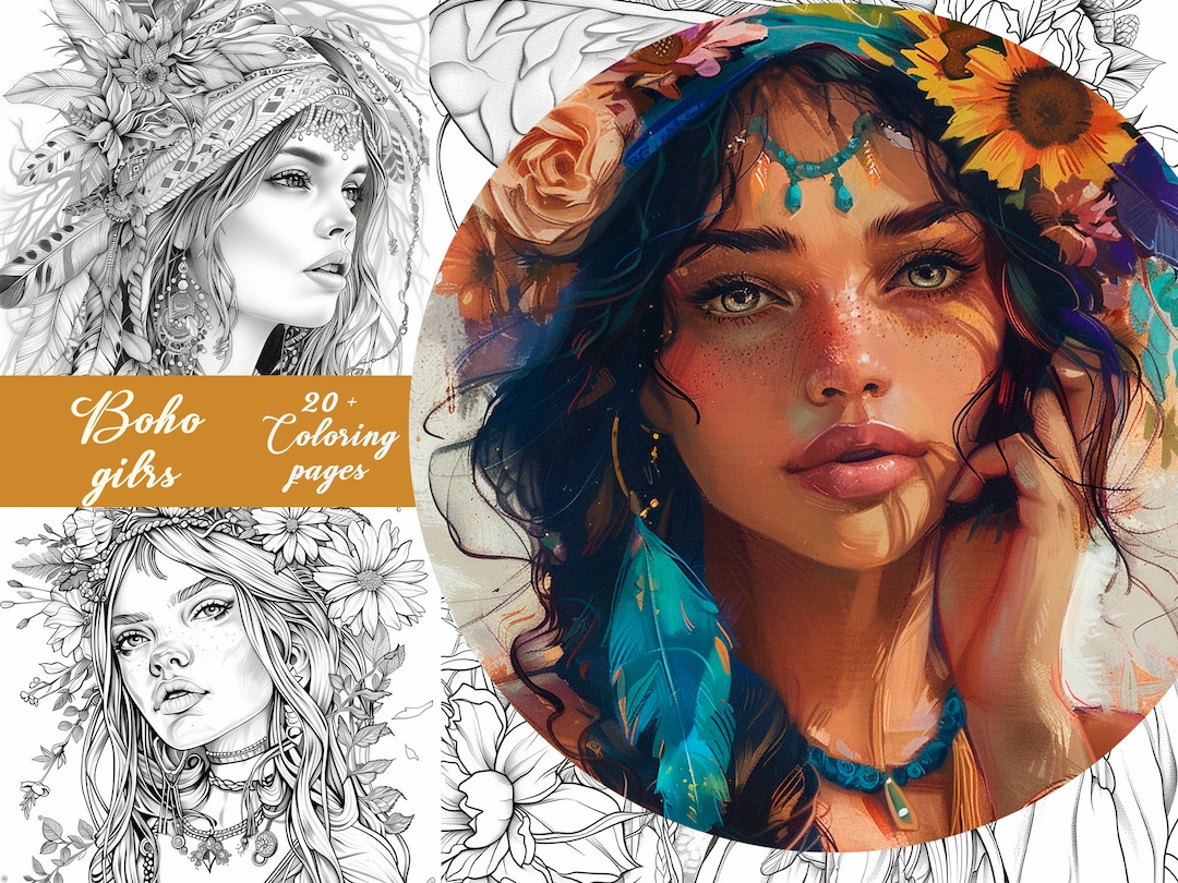 20+ Boho Girls Coloring Pages | Adult and Kids Coloring Book| Fantasy ...