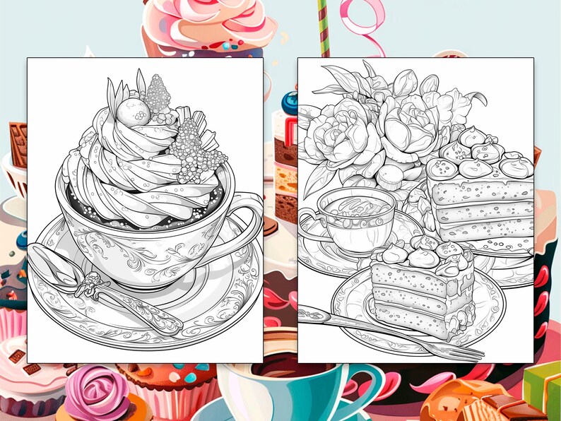 20 Coffee and Cakes Coloring Pages Adult and Kids Coloring Book Fantasy ...