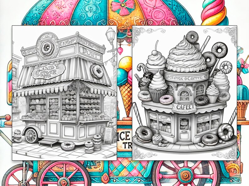 30 Candy Stores Coloring Pages | Adult and Kids Coloring Book| Fantasy ...