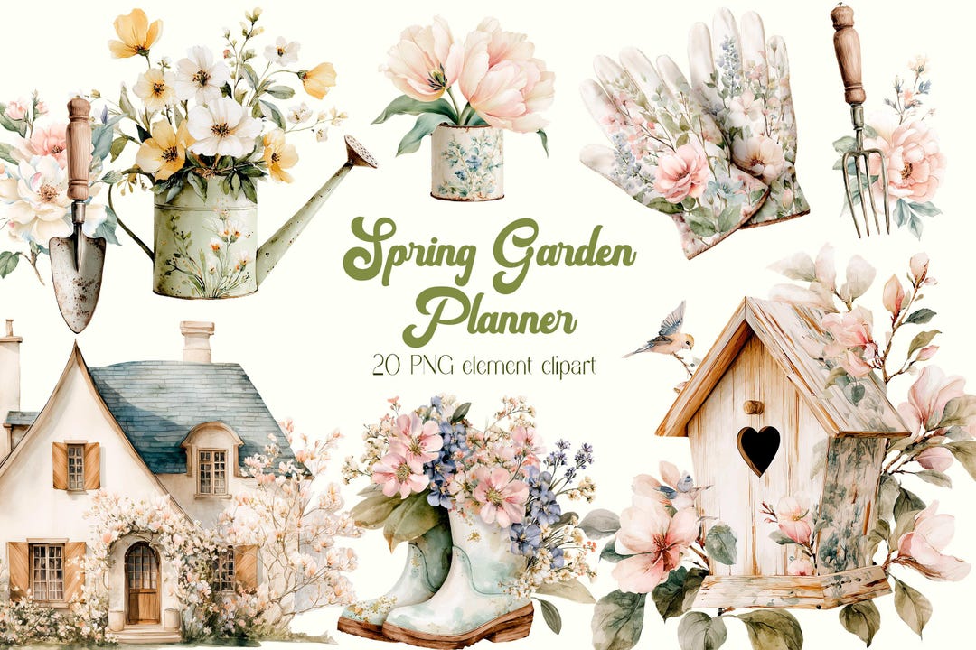 Watercolor Spring Garden Clipart Set, Cottage Floral PNG Graphics - Etsy
