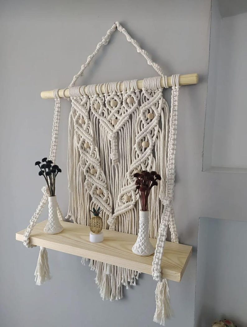 Boho Macrame Wall Shelf: Handmade Cream Tassel Plant Holder (45x65cm ...