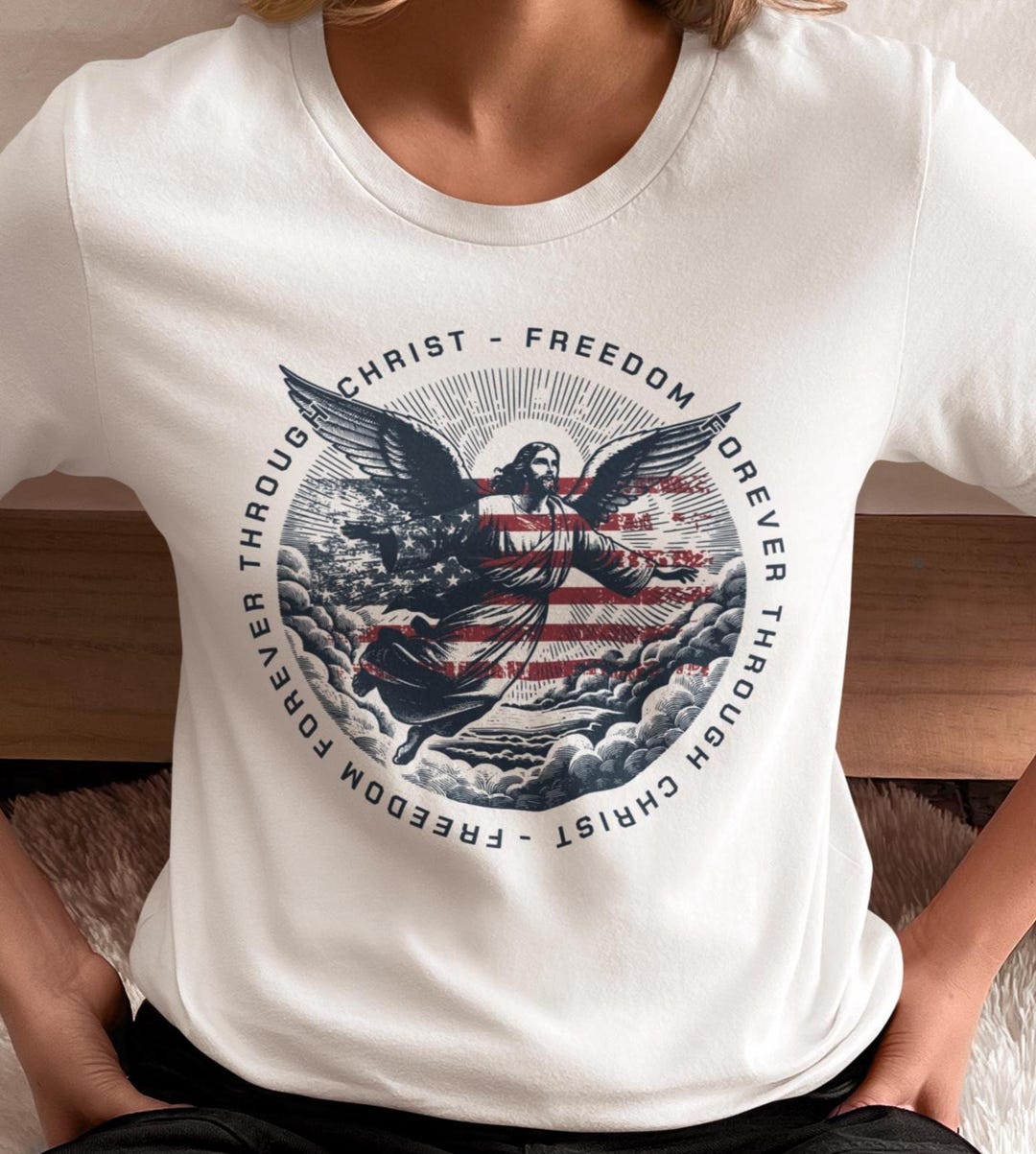 Freedom Through Christ Angel With American Flag Tee | Christian ...