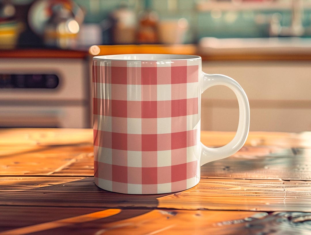 Classic Light Red Gingham Checked Ceramic Mug, Cozy Kitchen Decor ...