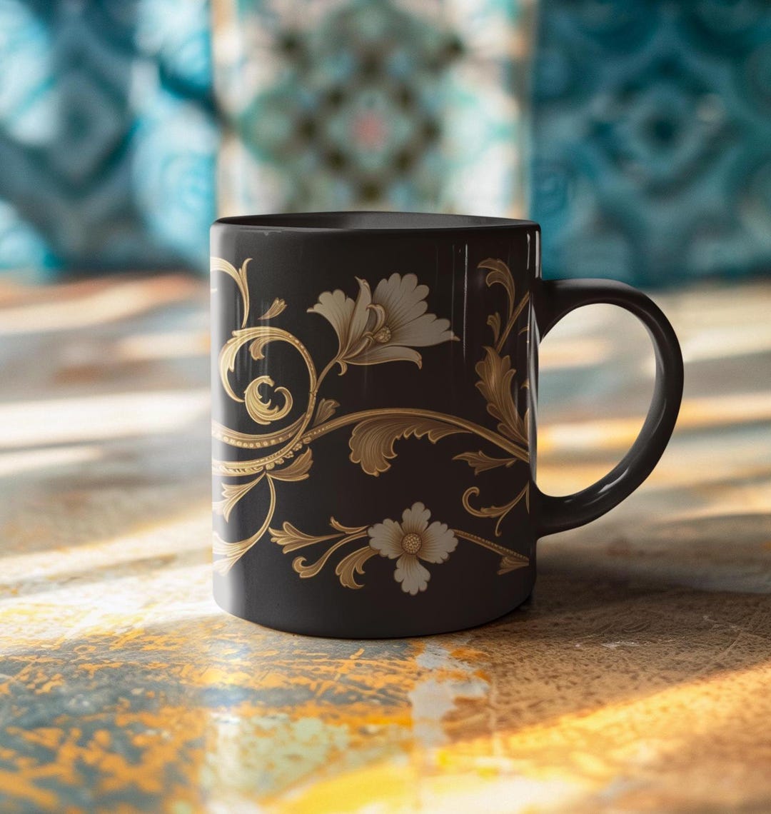 Floral Mug, Black Mug With Gold Floral Design, Elegant Medieval Style ...