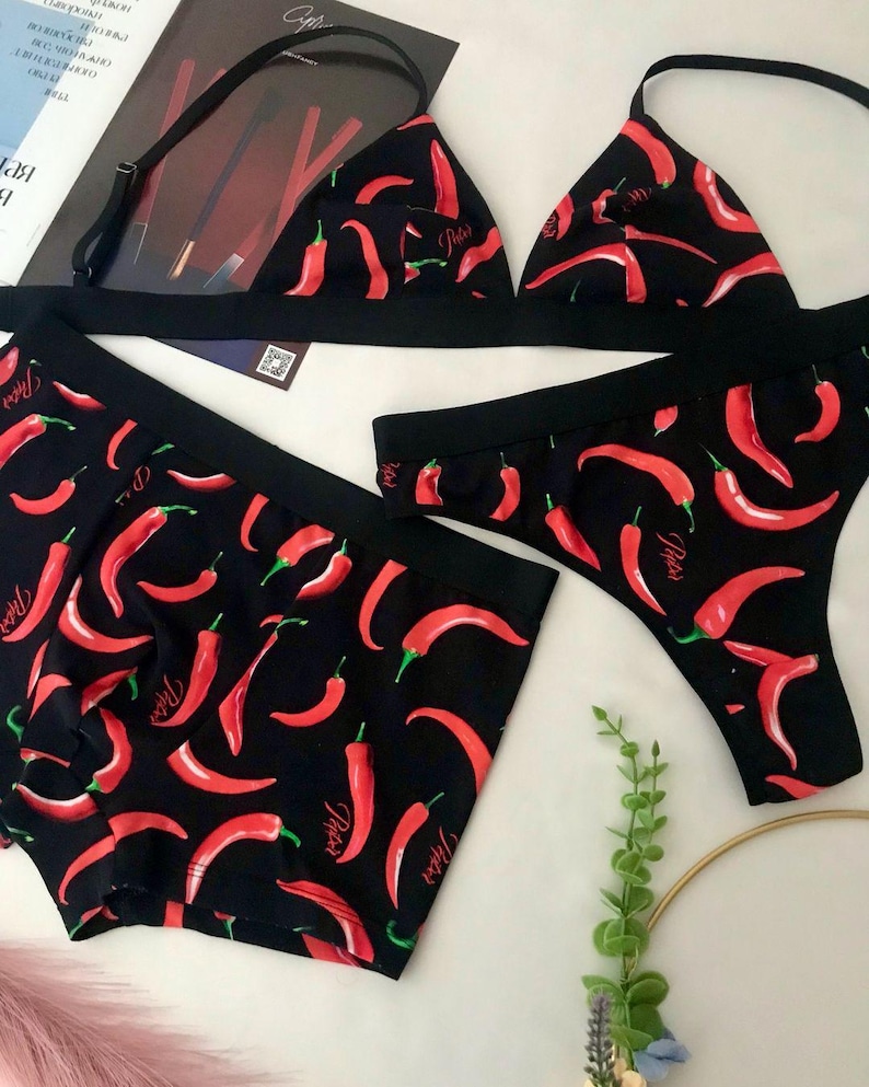 Chili Pepper Couples Lingerie Set, Cotton Boxer Briefs and Bralette - Etsy