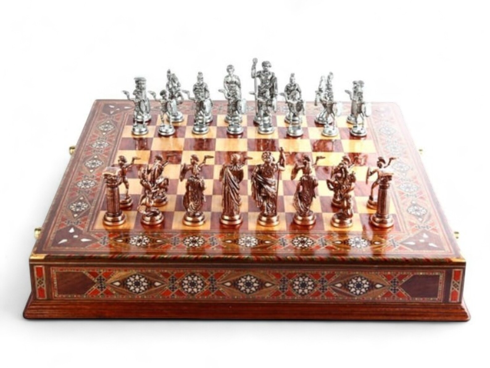 Large Handmade Roman Metal Chess Set Antique Solid Wood Board With ...