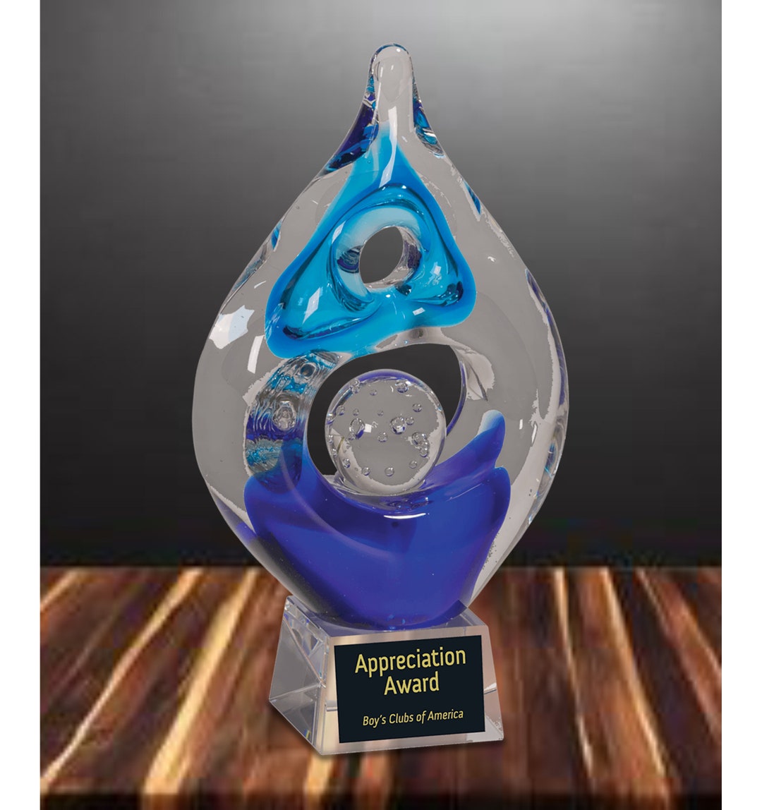 Glass Award Custom Tear Drop Art Award With Custom Engraving AGS01 Blue ...