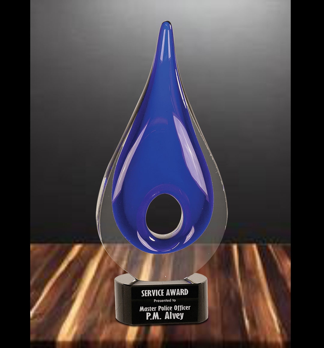 11 1/4" Blue Round Window Raindrop Art Glass Custom Engraved Handmade ...