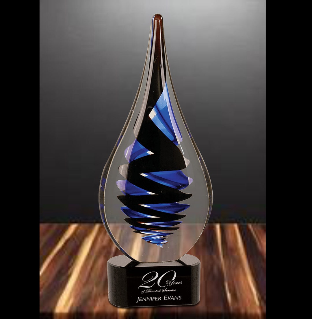 11 1/4" Black Twist Raindrop Art Glass Custom Engraved Handmade Blown ...