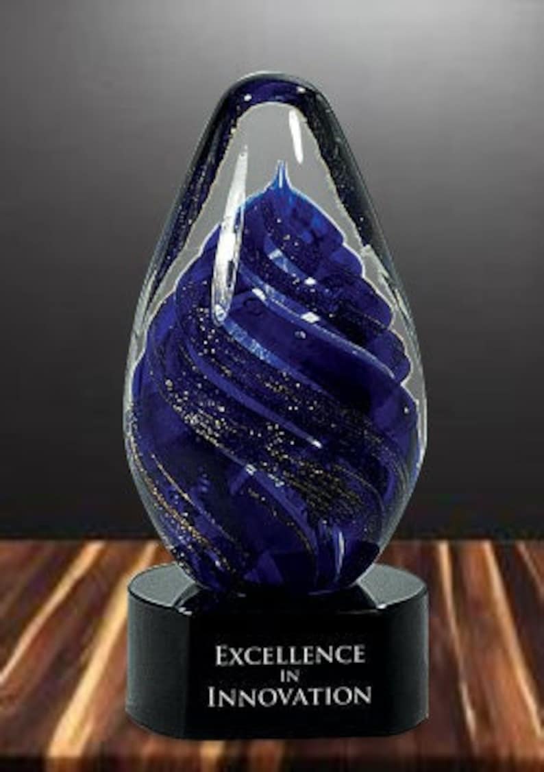 6 1/2" Blue Tear Drop Art Glass Custom Engraved Handmade Blown Glass ...