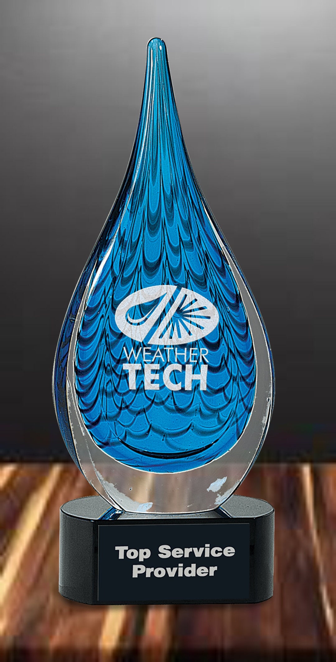 12 1/2" Blue Raindrop Art Glass Custom Engraved Handmade Blown Glass ...