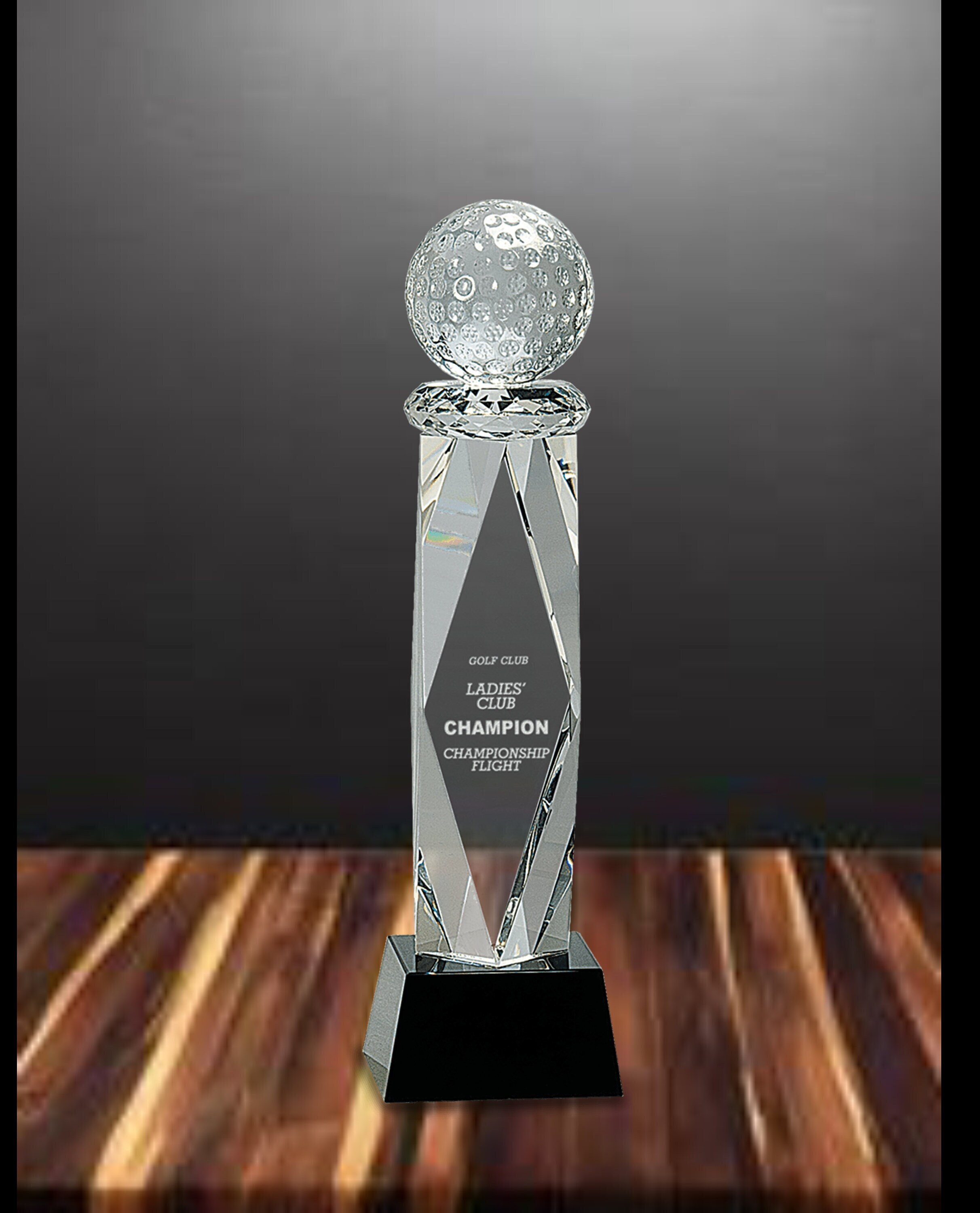 10 3/4" Clear Crystal Golf Ball on Facet Column W/black Base Custom ...