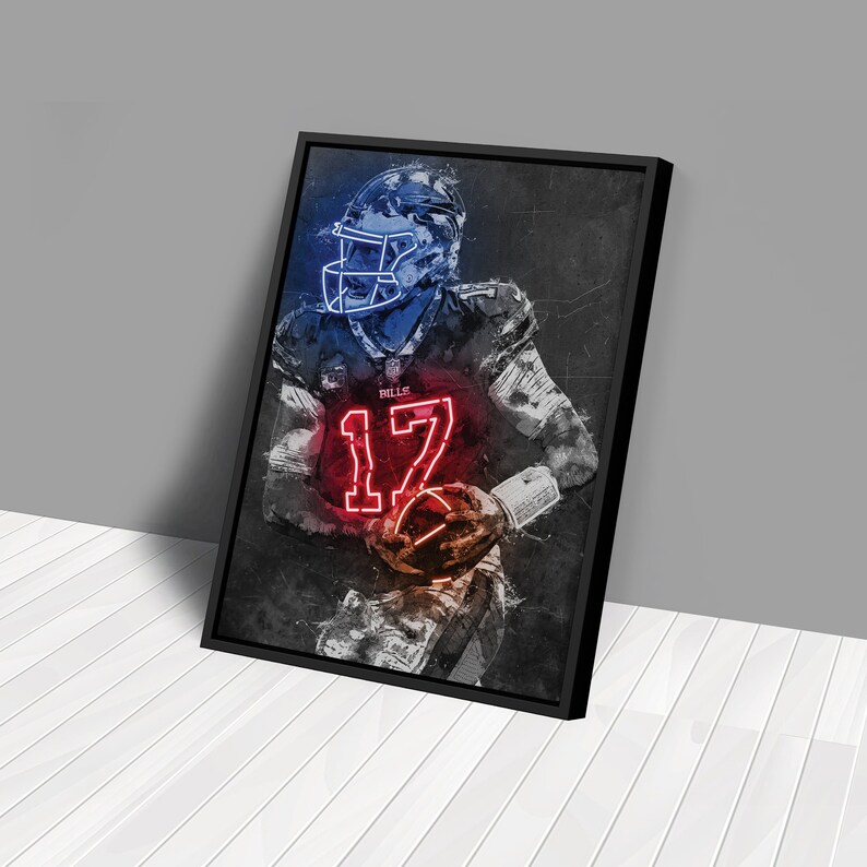 Josh Allen Poster Neon Buffalo Bills NFL Hand Made Poster Canvas Framed ...