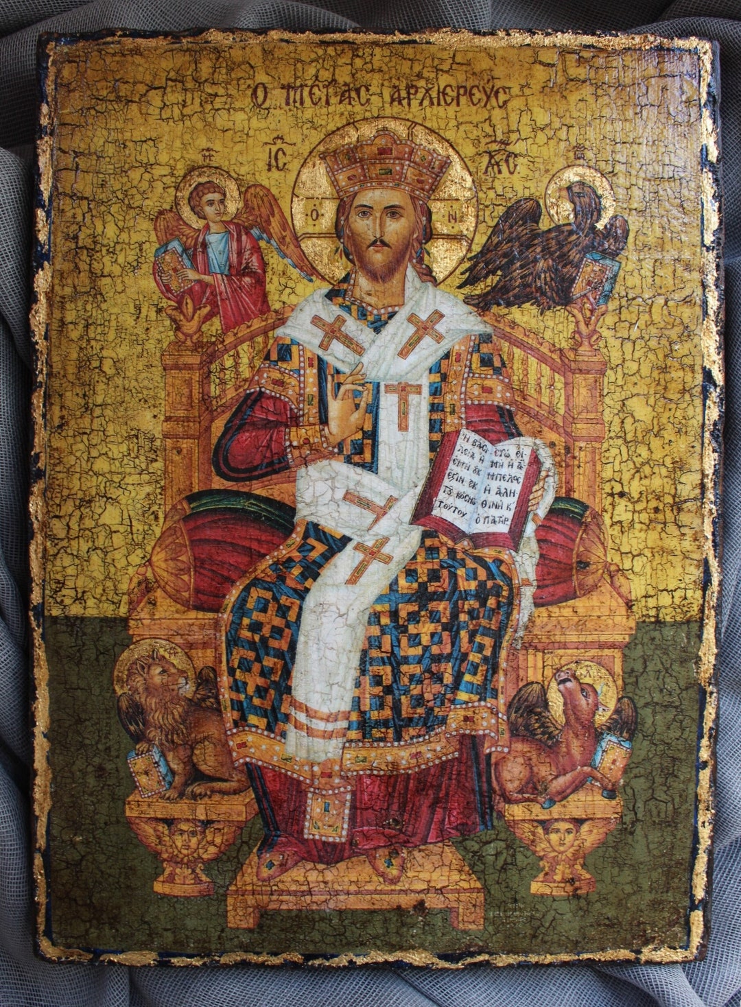 Jesus Christ, the Great High Priest Icon, Handcrafted on Crackled ...