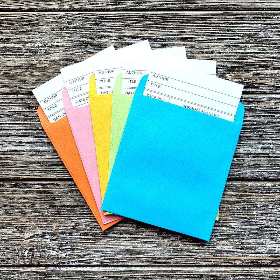 Set of 5 . Library Cards and Pockets . Colorful Pockets With White ...