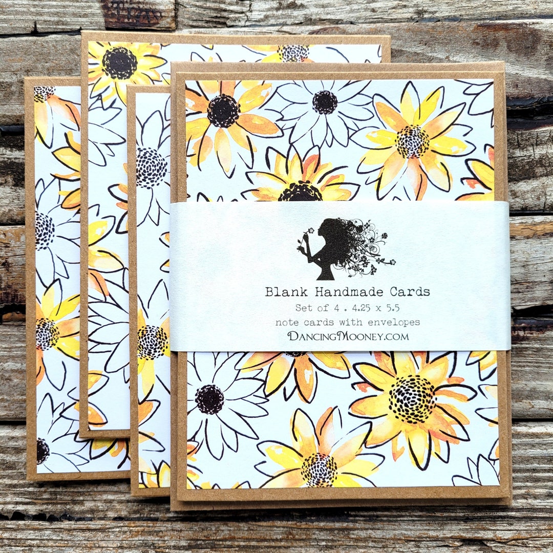 Sunflower Note Cards With Envelopes . Set of 4 . Blank Flower Notecards ...