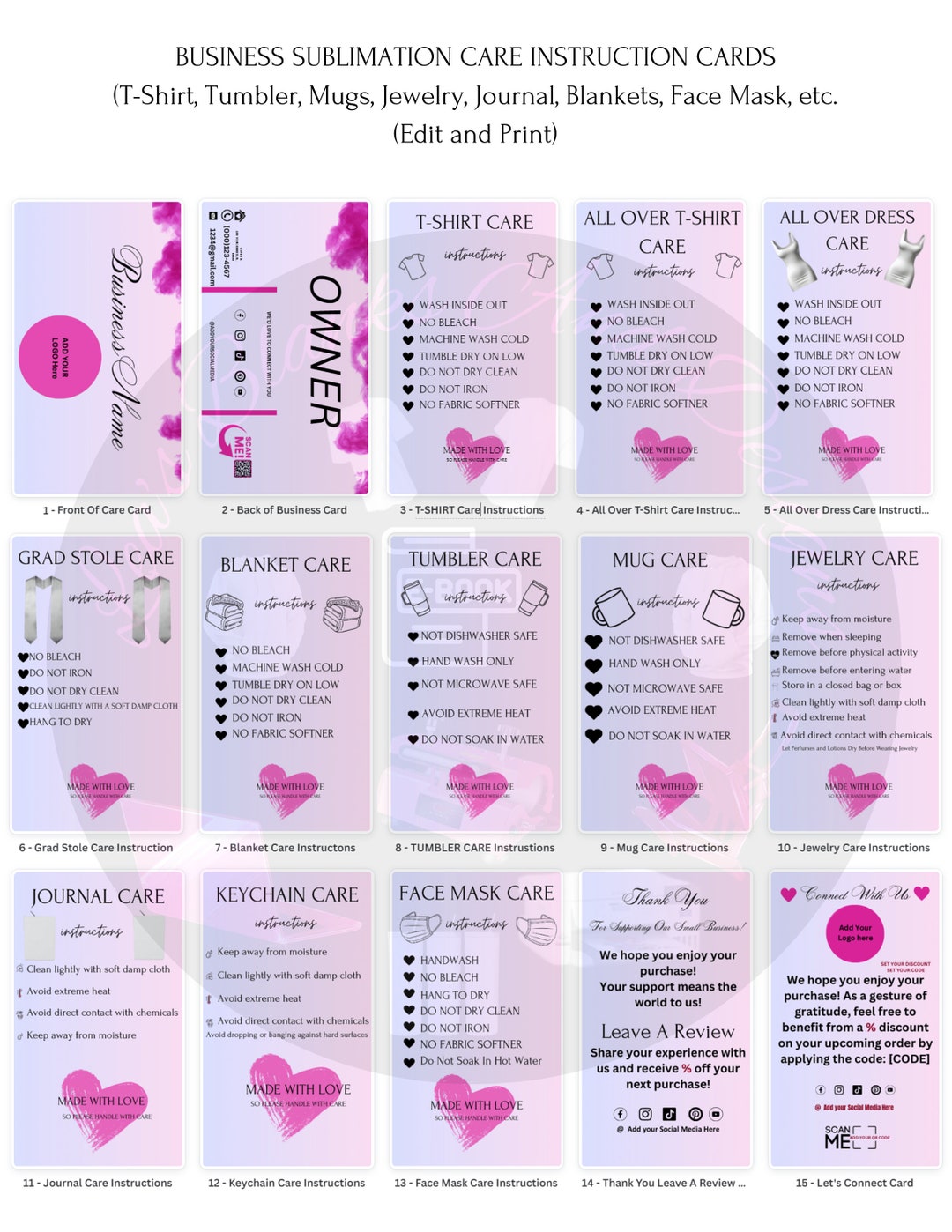 Sublimation Care Cards, Editable Canva Cards, Business Instruction Card ...