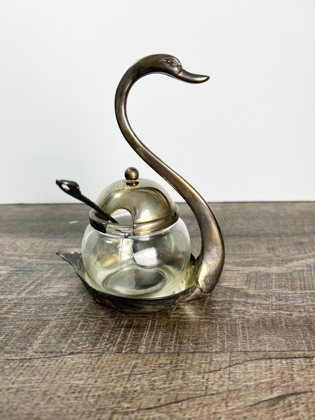 Vintage Silver Plate Swan Jam Jar Holder With Spoon Tarnished Patina ...