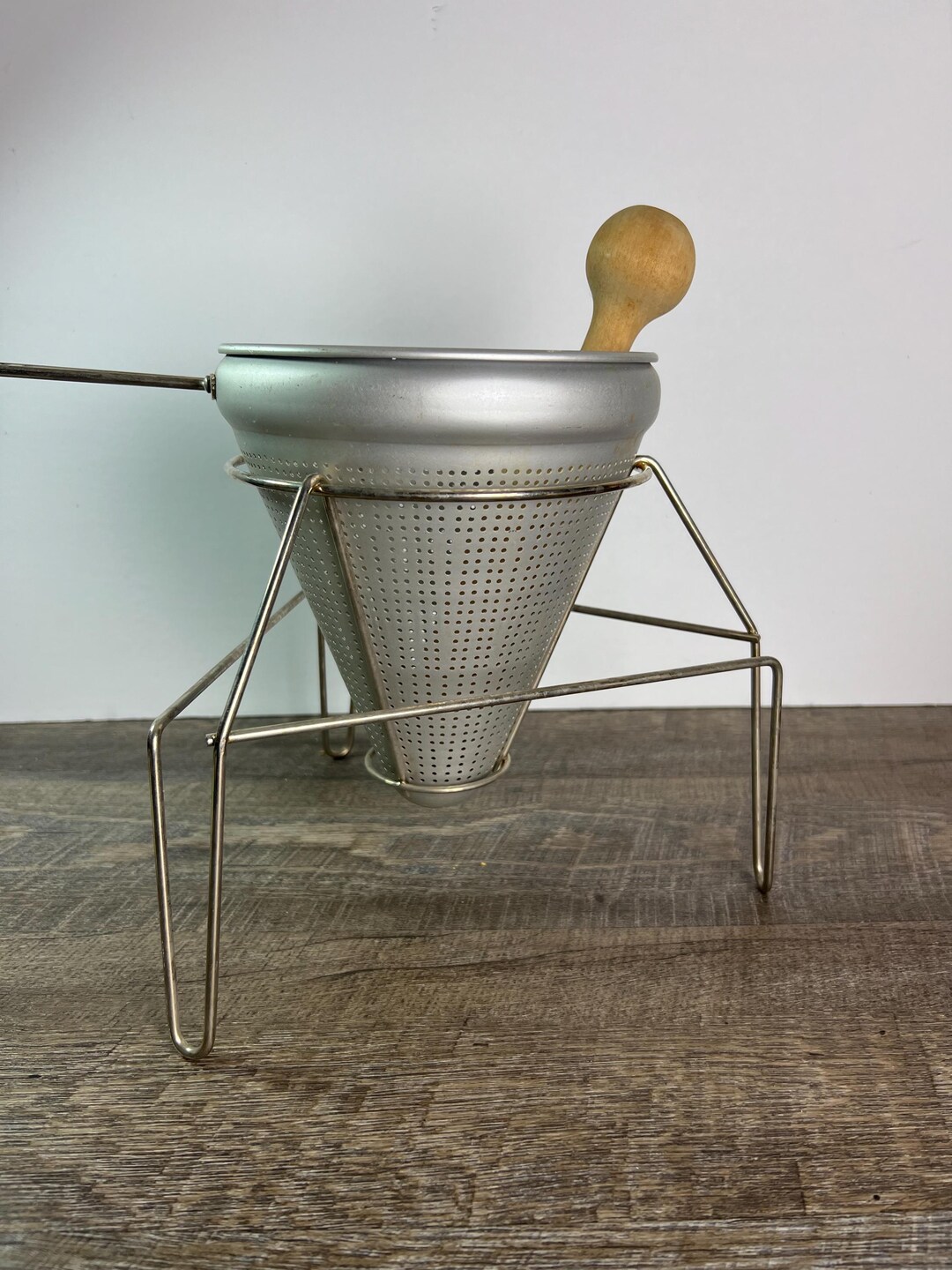 Vintage Cone Sieve Pestle and Stand Aluminum Metal Juicer Strainer ...