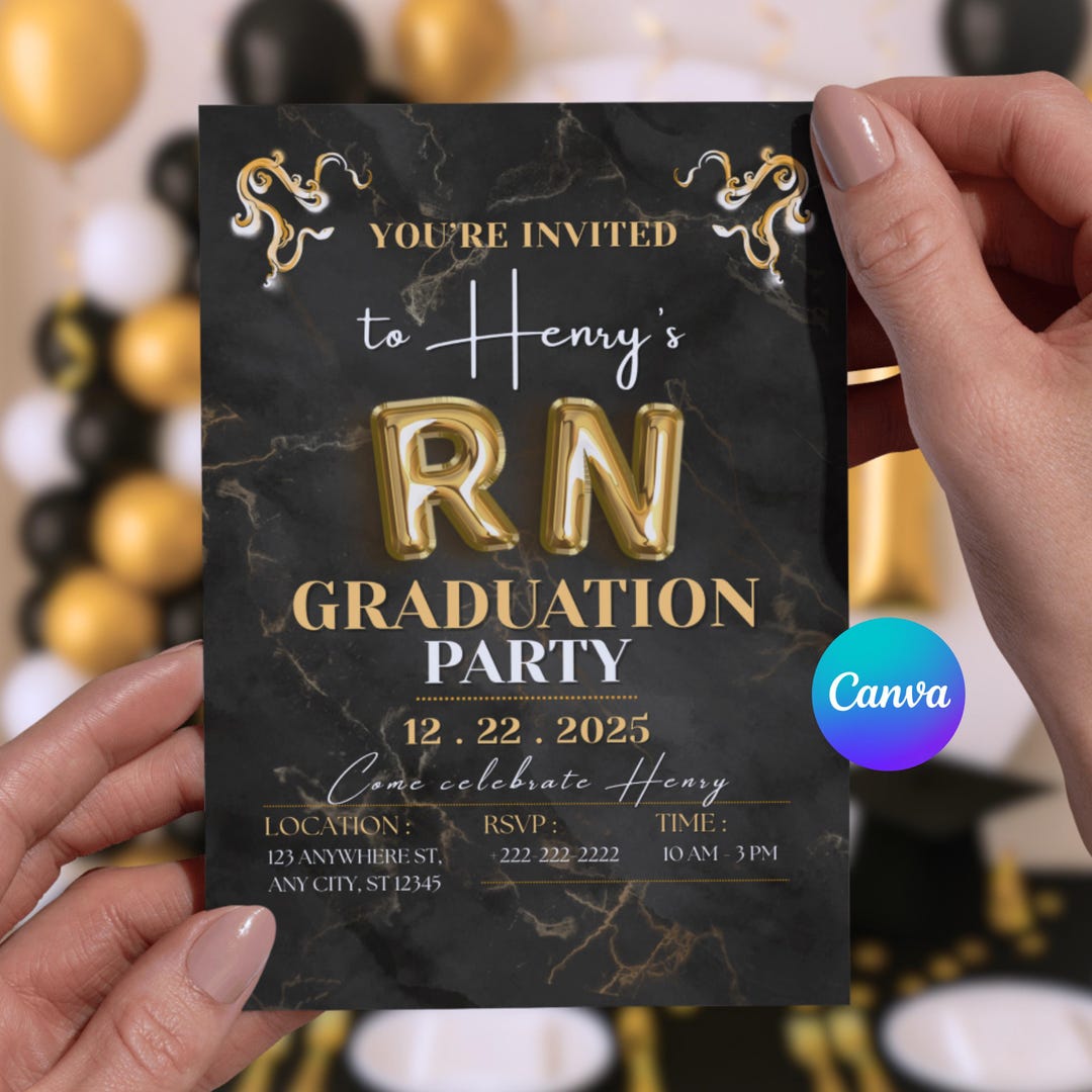 DNP Black Gold RN Graduation Invitation Template, Editable Canva, Nurse ...