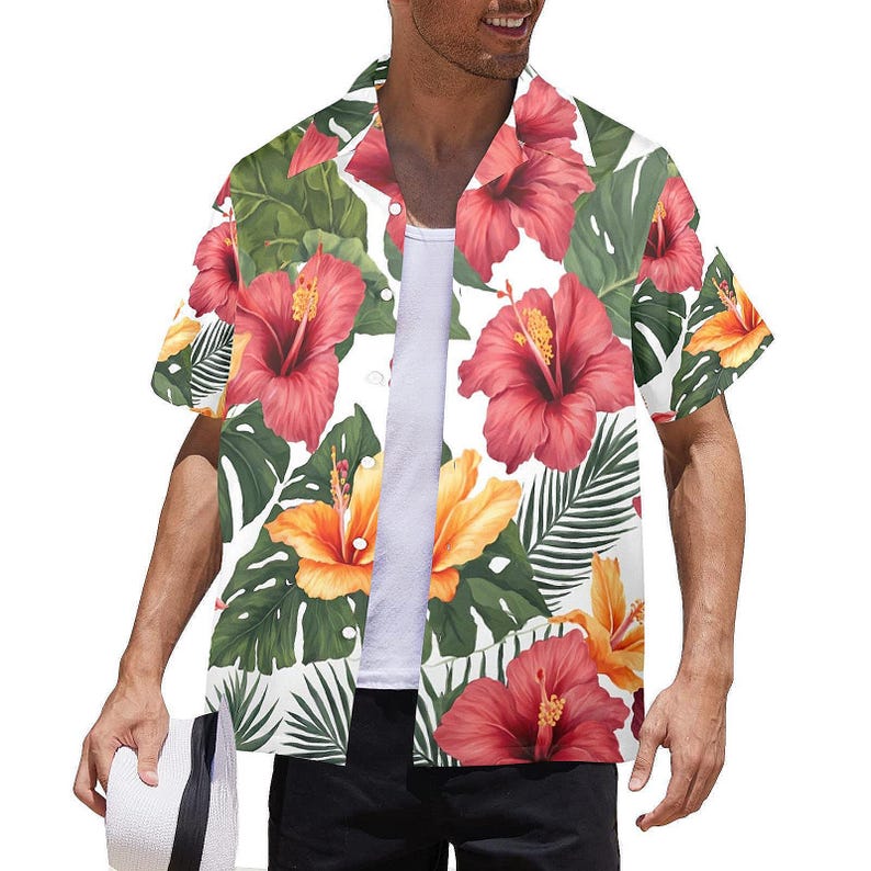 White Floral Mens Hawaiian Shirt – Aloha Tropical Beachwear Casual ...