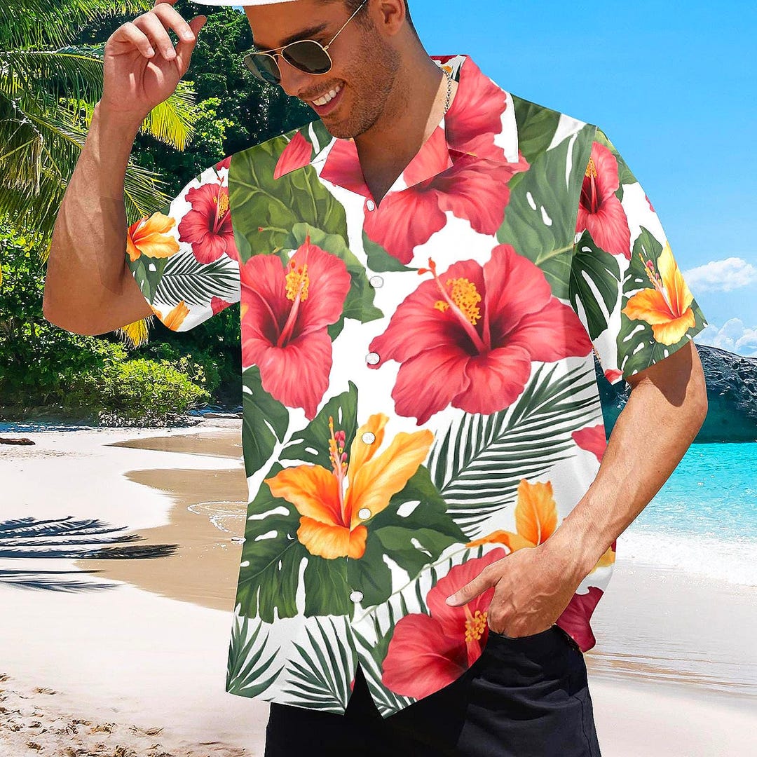 White Floral Mens Hawaiian Shirt – Aloha Tropical Beachwear Casual ...