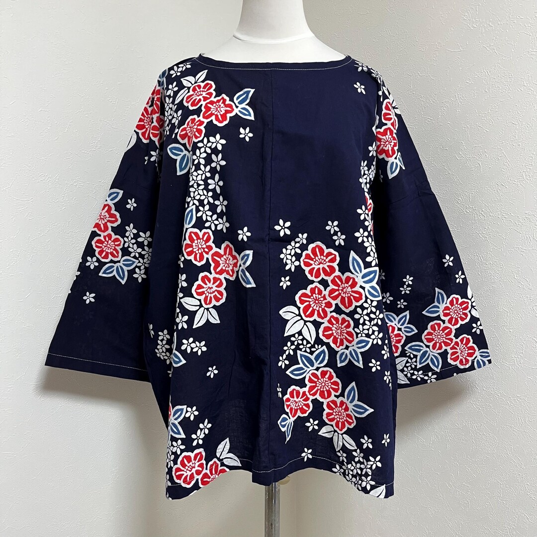 Floral Yukata Top – Upcycled Japanese Summer Tunic – Handmade Navy ...
