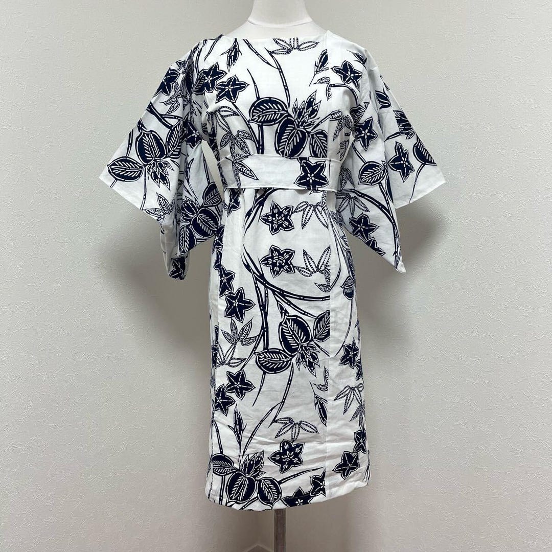 Upcycled Japanese Yukata Kids Dress • Navy Flower • Easy Pull‑on Kimono ...