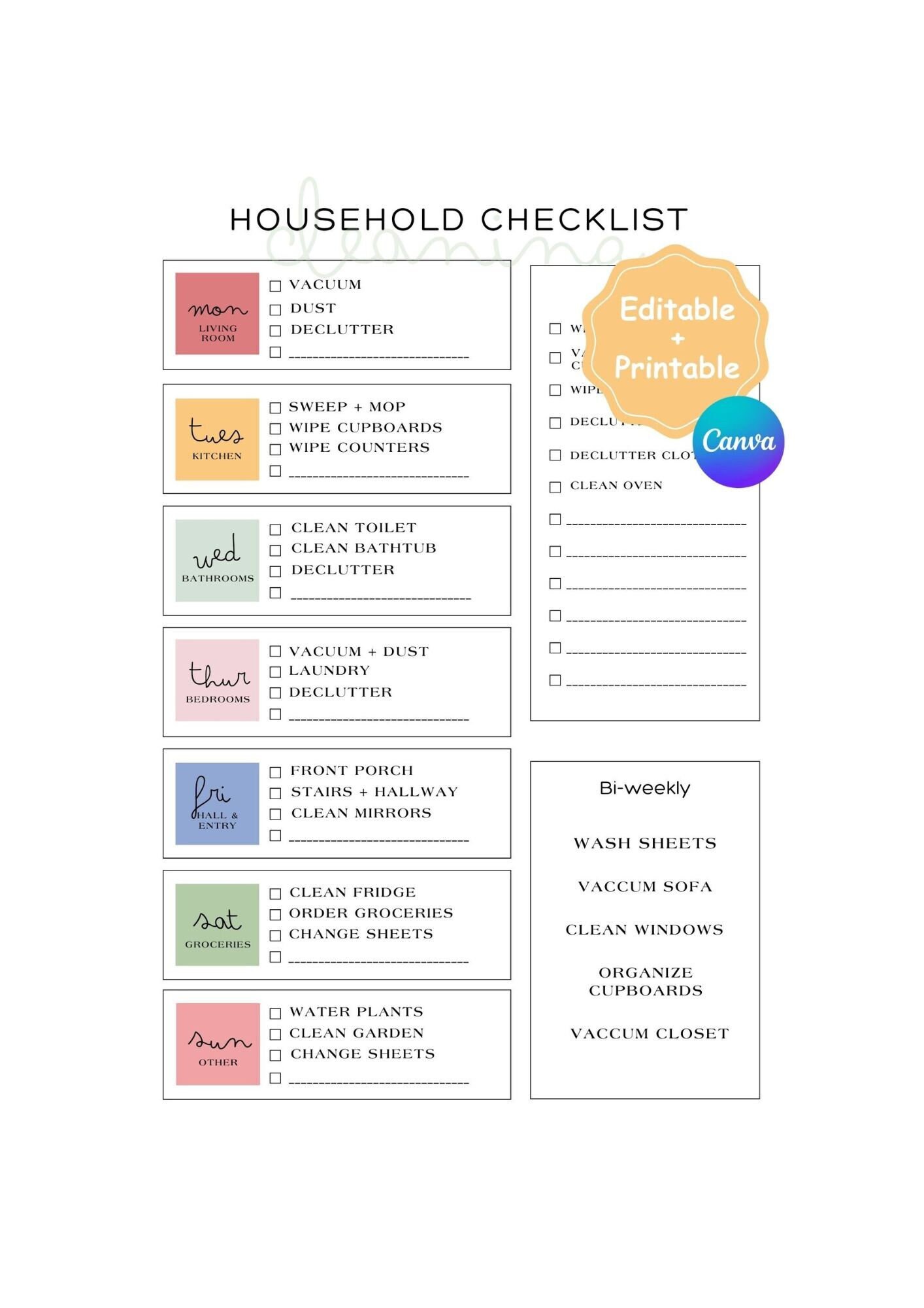 Household Cleaning Checklist Planner Digital, Printable - Etsy