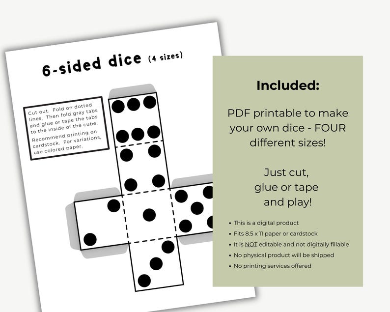 Dice Pattern in Four Different Sizes, Printable Dice Template, DIY Make ...
