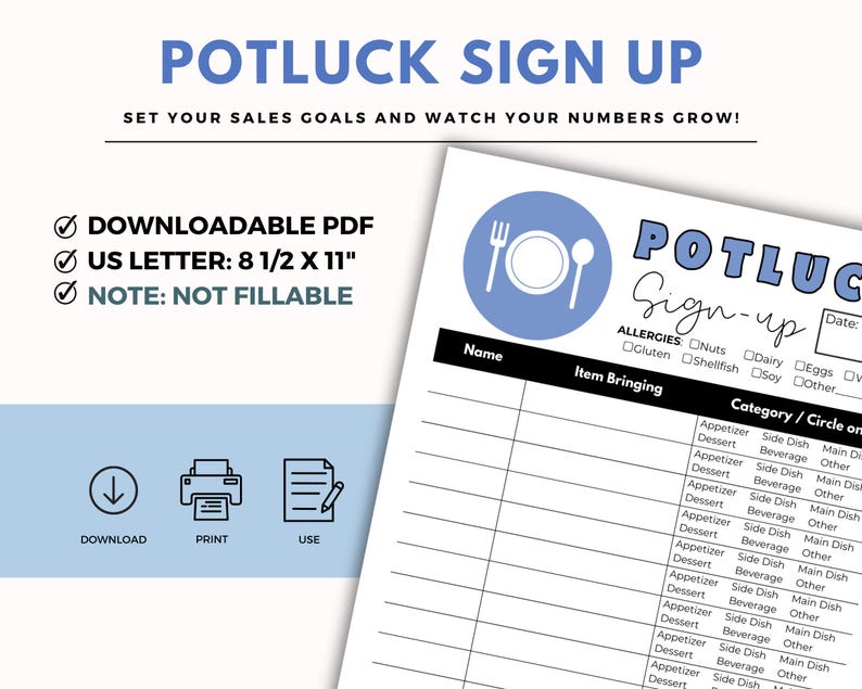 Potluck Sign up Sheet With Allergy Safe Info, Office Party Potluck ...