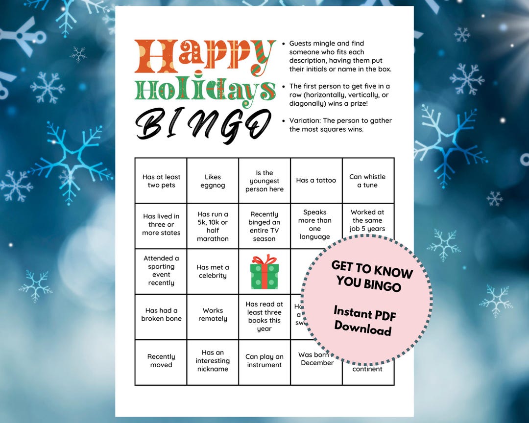 Happy Holiday Bingo, Get to Know You, Family Game Night, Find the Guest ...