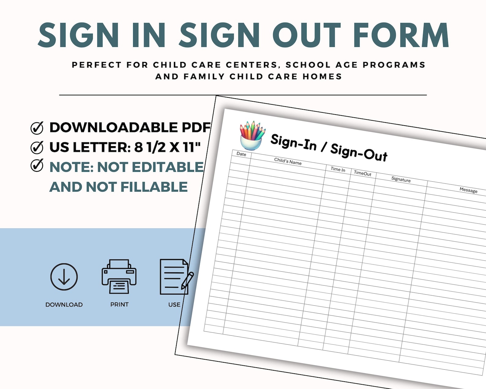 Daycare Sign in and Out Form, Attendance Tracker, Child Care Center ...