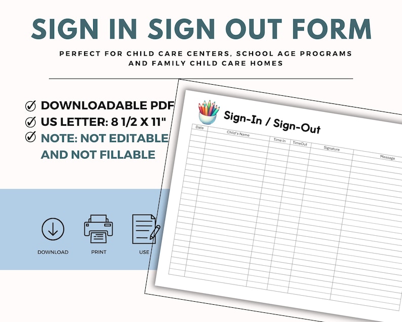 Daycare Sign in and Out Form, Attendance Tracker, Child Care Center ...
