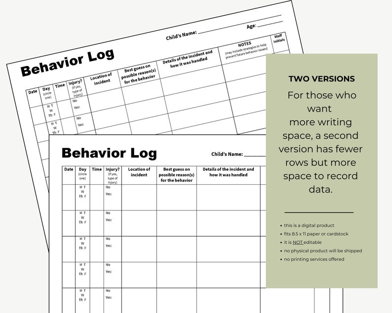 BEHAVIOR LOG for Preschool and Toddler Classrooms Including Family ...