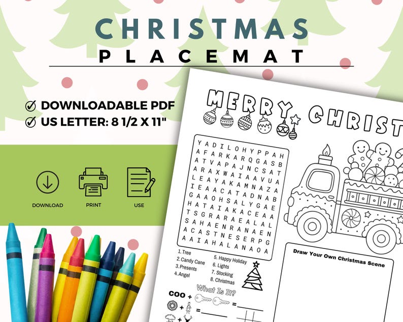 Kids Christmas Coloring Placemat, Christmas Activity, Classroom ...