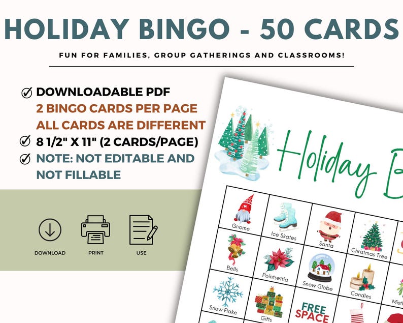 50 Christmas BINGO Game Cards, Holiday Party Game, Classroom Game ...