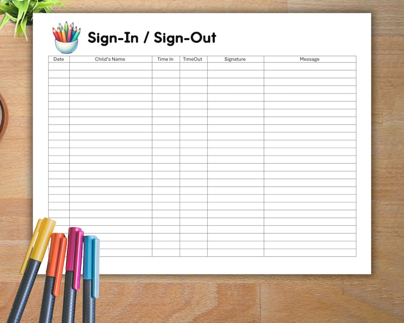 Daycare Sign in and Out Form, Attendance Tracker, Child Care Center ...
