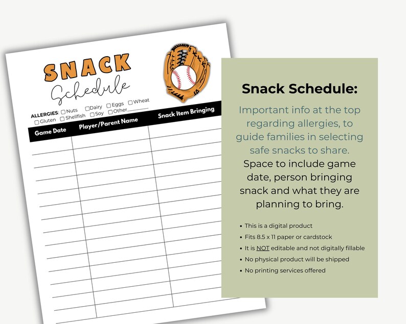 Baseball Softball Snack Sign up Sheet With Allergy Safe Info, Game Day ...